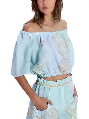Greek Archaic Kori Strapless Embroidered Blouse - Blue