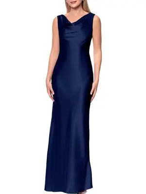 Betsy & Adam Open Back Satin Charmeuse Gown - Navy