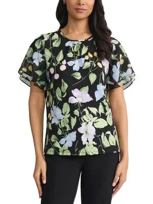 KASPER Floral Print Flutter Sleeve Top - Black Multi