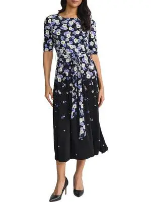 KASPER Floral Print A-line Midi Dress - Black Multi