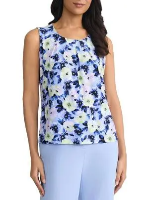 KASPER Floral Print Pleated Sleeveless Top - Paris Bleu Mult