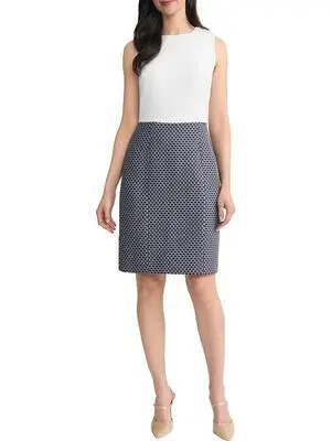 KASPER Geometric Patterned Sheath Dress - White/navy Dot