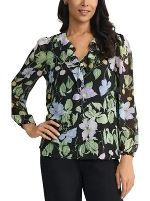 KASPER Floral Print Ruffle Blouse - Black Multi