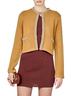 Endless Rose Bouclé Jewel Trim Cardigan - Mocha