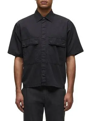 Hudson Jeans Utility Oversize Short Sleeve Cotton & Nylon Snap-up Shirt - Black