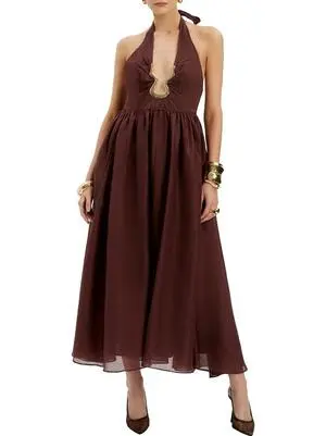 Bardot Cavarly Plunge Halter Neck Maxi Dress - Chocolate