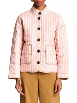 Avec Les Filles Stripe Boxy Quilted Cotton Blend Jacket - Pink-taupe Stripe