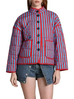 Avec Les Filles Stripe Boxy Quilted Cotton Blend Jacket - Sailor Blue-tomato S