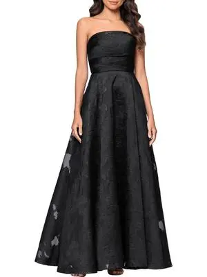 Betsy & Adam Floral Brocade Strapless Gown - Black