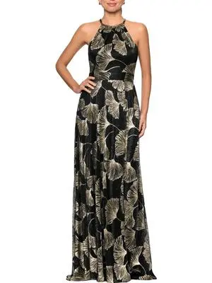 Betsy & Adam Metallic Floral Pattern Sleeveless Gown - Black/gold