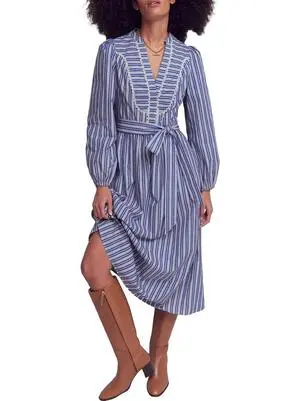 Boden Lace Trim Stripe Long Sleeve Cotton Dress - Surf The Web Stripe