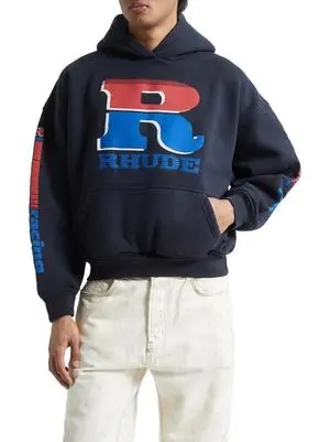 Rhude Split Petrol Logo Graphic Hoodie - Vintage Black/red/blue