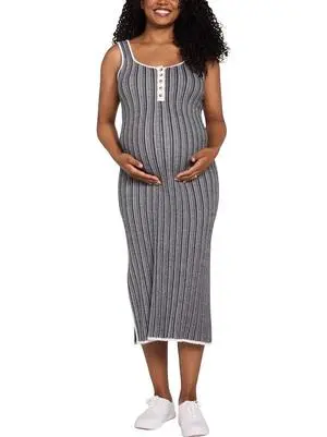 Motherhood Maternity Sleeveless Nursing Henley Midi Dress - Black Stripe