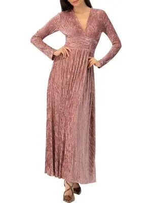 IVONNE Long Velvet Pleated V-neck Dress - Dark Pink