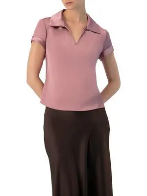 IVONNE Plain Short-sleeve Blouse With Shirt Collar - Dark Pink