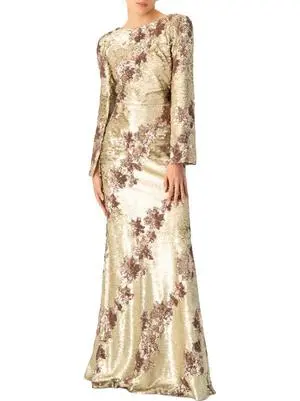 IVONNE Floral Sequin Gown With Open Back - Gold