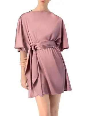 IVONNE Satin Mini Dress With Waist Tie - Dark Pink