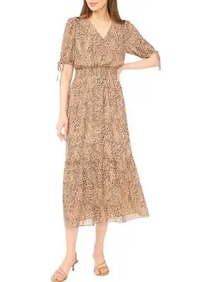 CECE DUPRAZ Leopard Print Smocked Waist Midi Dress - Dune
