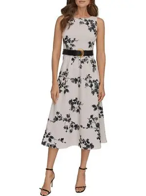 Donna Karan New York Floral Print Fit-and-flare Midi Dress - Cream/black Multi