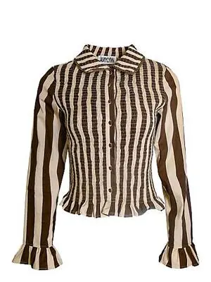 AMY LYNN Yasmine Striped Smocked Cotton Shirt - Brown