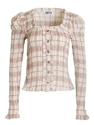AMY LYNN Checkered Smocked Cotton Blouse - Cream