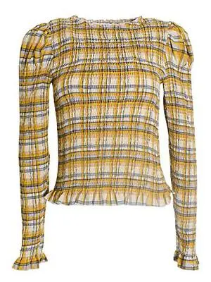 AMY LYNN Elsa Plaid Smocked Crepe Top - Yellow
