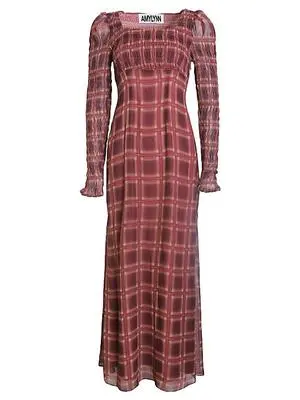 AMY LYNN Checkered Smocked Chiffon Maxi Dress - Burgundy