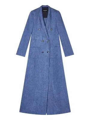 Giorgio Armani Long Double-breasted Coat In Faded Linen, Viscose, And Silk Crêpe - Blue