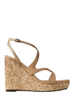 JIMMY CHOO Ayla 110 Flower Woven Raffia Wedges - Cappuccino/natural