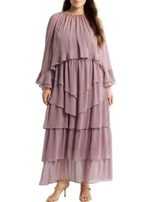 Chelsea28 Tiered Ruffle Chiffon Cape Maxi Dress - Mauve