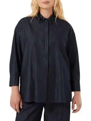 Marina Rinaldi Abile Beaded Collar Denim Jacket - Blue Jeans