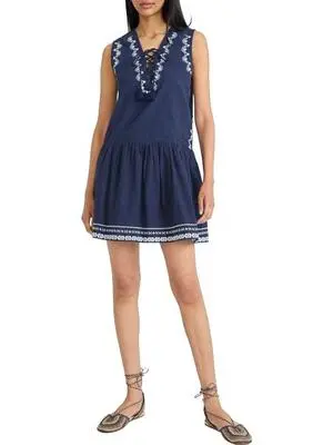 THE GOOD JOURNEY Sleeveless Cotton Minidress With Embroidery - Indigo