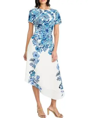 Maggy London Cap Sleeve Asymmetrical Midi Dress - Whisper White/dutch Blue