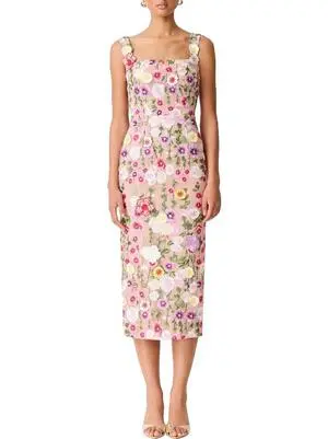 ELLIATT Neve Floral Appliqué Midi Dress - Nude Multi Floral