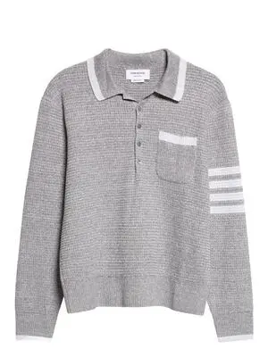 Thom Browne Relaxed 4-bar Textured Stitch Linen & Cotton Polo Sweater - Light Grey