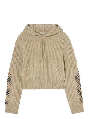 Burberry Checked Bouclé-trimmed Ribbed Wool And Cashmere-blend Hoodie - Beige