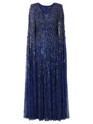 Jenny Packham Sweet Silva Cape-effect Embellished Tulle Gown - Blue