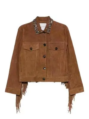 ERMANNO FIRENZE Suede Jacket With Embellished Collar And Fringe Detail - Brown