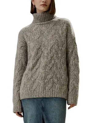 Lilysilk Cable-knit Cashmere Turtleneck Sweater - Camel Gray