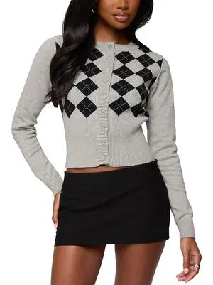 EDIKTED Argyle Knit Cardigan - Gray-melange