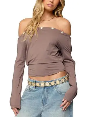 EDIKTED Off-shoulder Button Cutout Top - Brown
