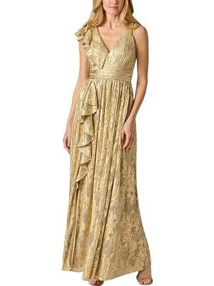 Adrianna Papell Metallic Ruffled Dress - Champagne/ Gold