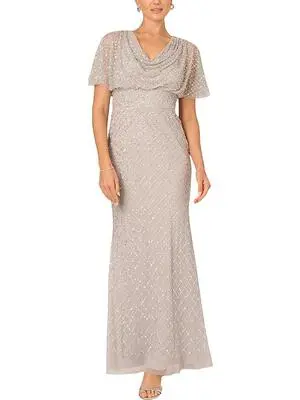 Adrianna Papell Beaded Cowl Neck Gown - Crystal Silver