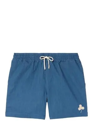 Portuguese Flannel Straight-leg Embroidered Ramie Drawstring Shorts - Blue