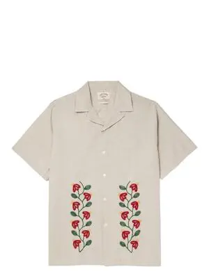Portuguese Flannel Branch Convertible-collar Embroidered Linen And Cotton-blend Shirt - Neutrals