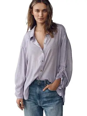 PILCRO Cinched-sleeve Buttondown Top - Lavender Blue