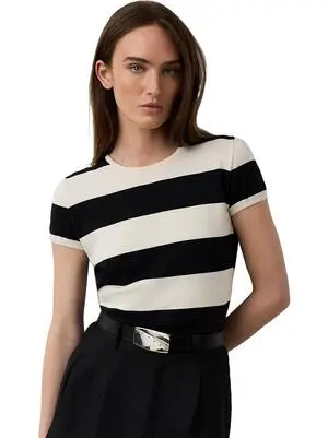 Ralph Lauren Striped Cotton-silk Short-sleeve Sweater - Lux Cream/black