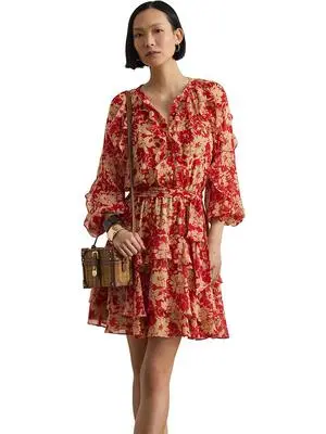 Ralph Lauren Printed Ruffle-trim Georgette Tiered Dress - Red/tan