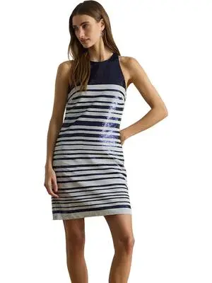 Ralph Lauren Striped Sequined Shift Cocktail Dress - Refined Navy/white