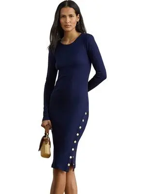 Ralph Lauren Button-trim Ribbed Cotton-blend Dress - Refined Navy